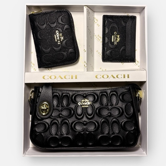 Coach | Bags | Coach Black Embossed Leather Set | Poshmark